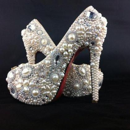 Red Bottom Ivory Pearl Wedding Shoes High Heels Rhinestone Bridal Shoes ...