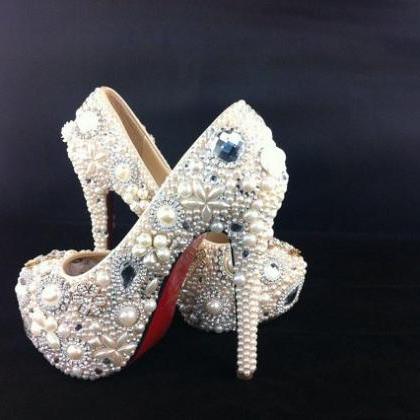 Red Bottom Ivory Pearl Wedding Shoes High Heels Rhinestone Bridal Shoes ...