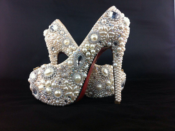 Red Bottom Ivory Pearl Wedding Shoes High Heels Rhinestone Bridal Shoes ...